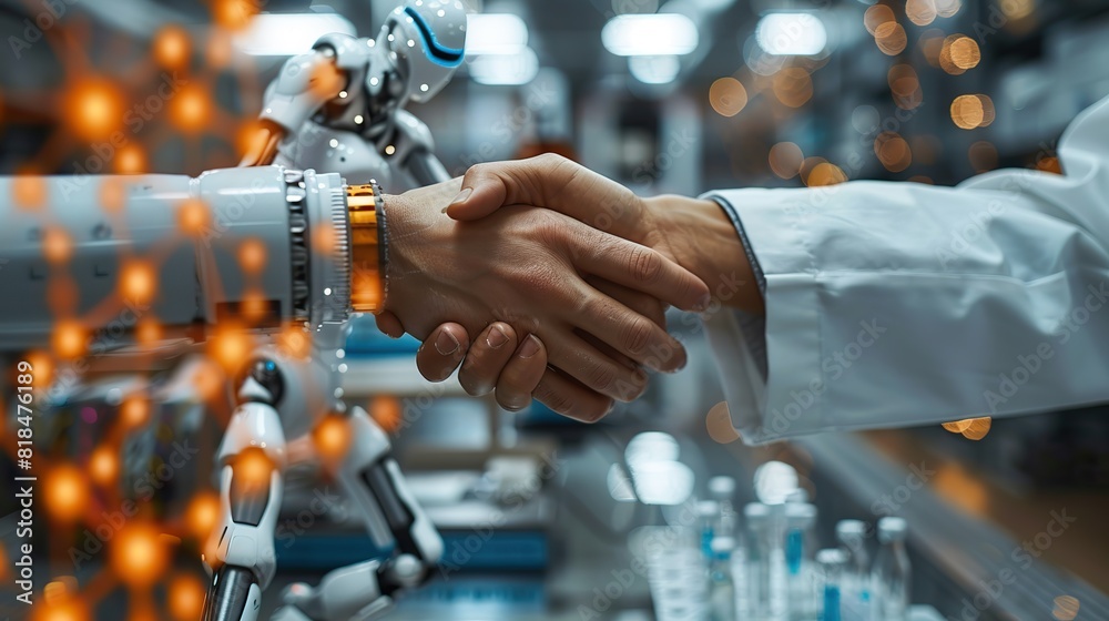 handshake between human and robot in a research lab working together ...