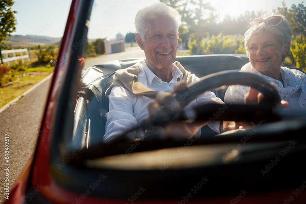 Old couple, driving and convertible car or travel road trip to explore ...