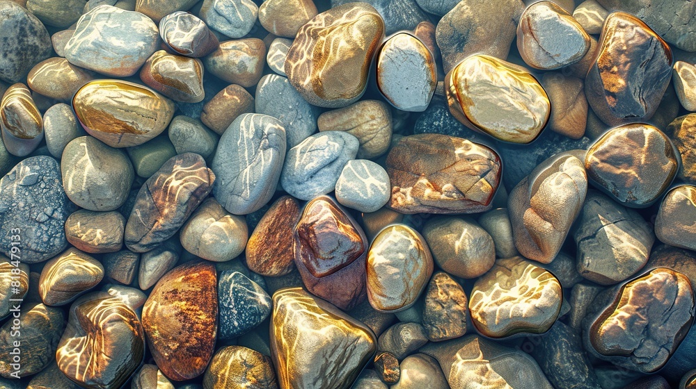 Underwater river rocks with smooth surfaces and light reflections ...