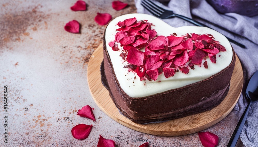Creative food concept. Heart shape white sugar icing frosting chocolate cake with red love ...