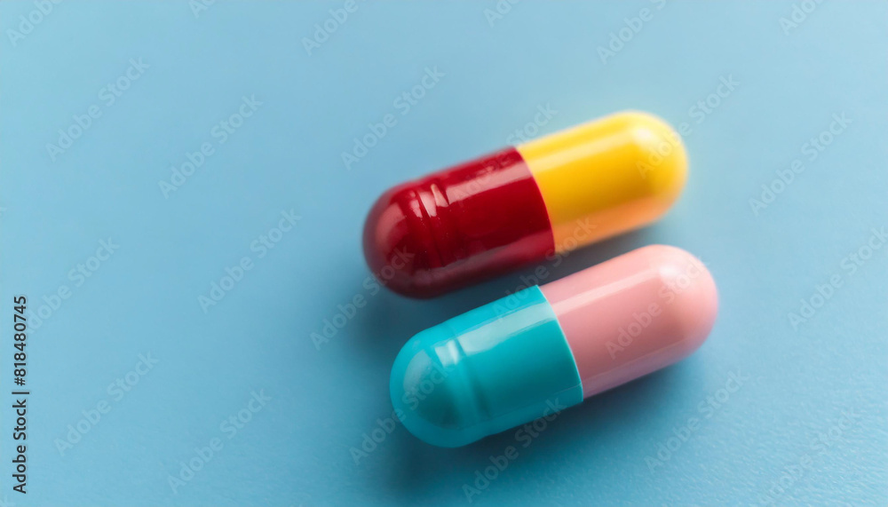 Two colorful medicine pill capsules lie on a light blue background ...