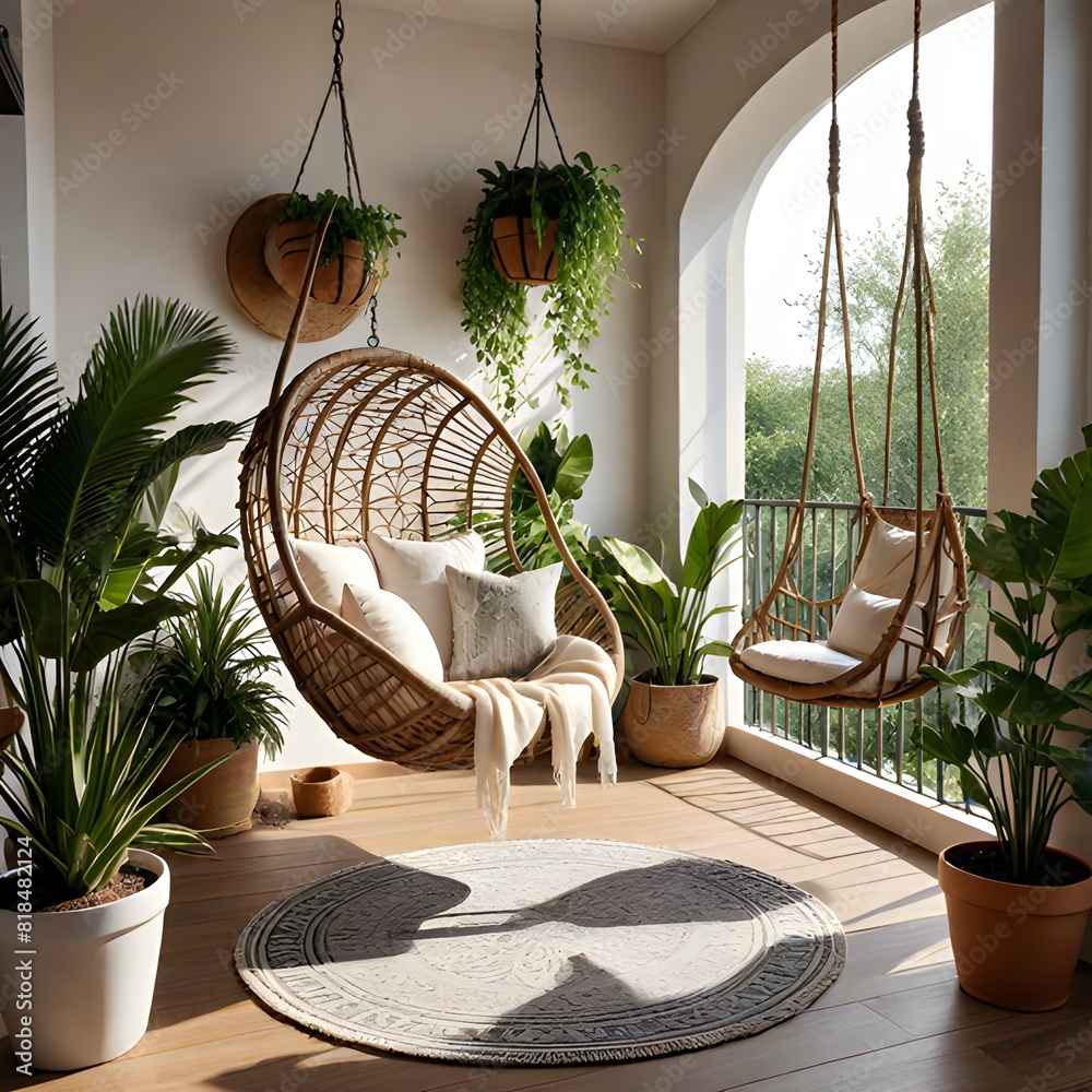 Design a serene minimalist balcony with a comfortable hammock chair, a ...