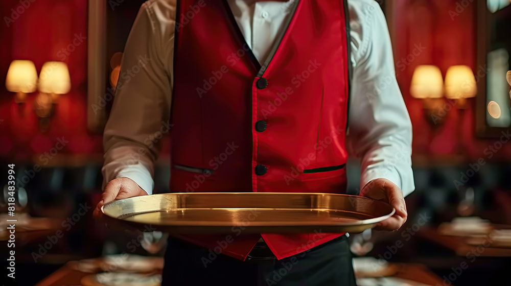 Waiter tray butler hand serve hold plate isolated white man silver ...
