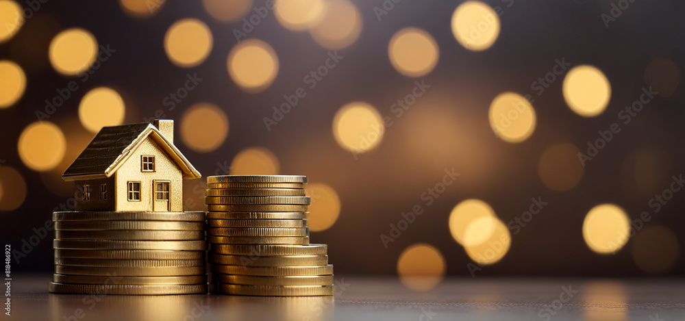 Real estate and home concept, close up of a golden house model and ...