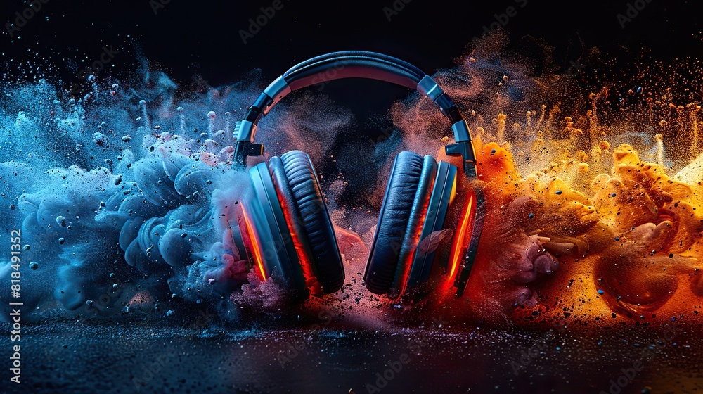 stereo headphones exploding in festive colorful splash dust and smoke ...