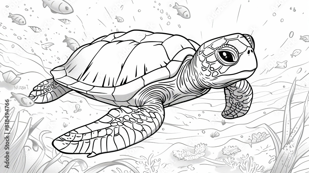 coloring book The image is a black and white outline of a sea turtle ...