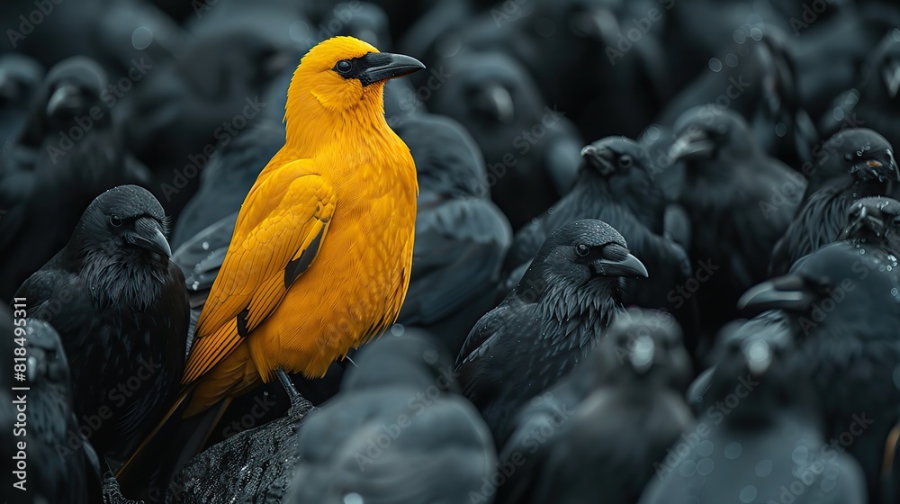 a yellow crow alone among a crowd of black crows concept of standing ...