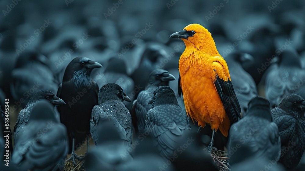 a yellow crow alone among a crowd of black crows concept of standing ...