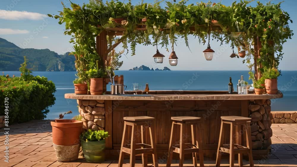 Video animation of outdoor bar setup situated by the water, overlooking ...