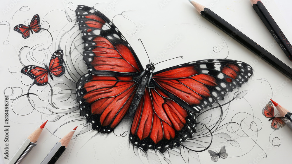 Draw a red butterfly with black wings on white paper, with pencil ...