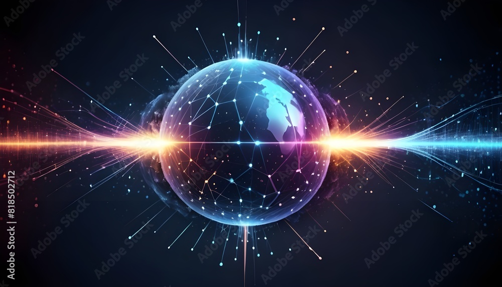 Abstract tech background with digital particles explosion, quantum core and computing network ...