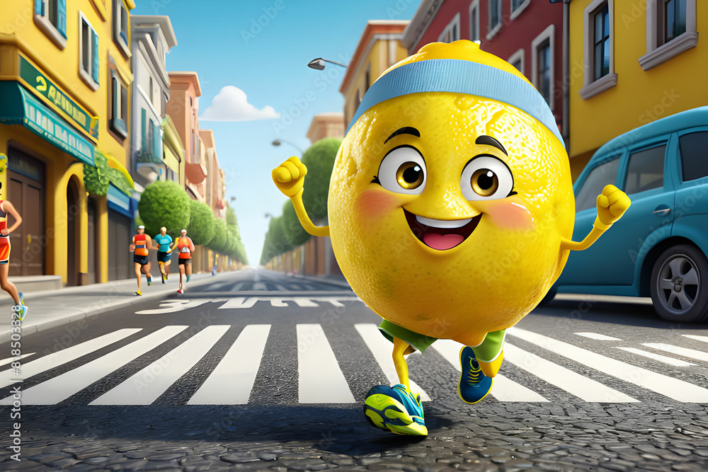 Cartoon lemon with sweatband around its forehead running a marathon in ...