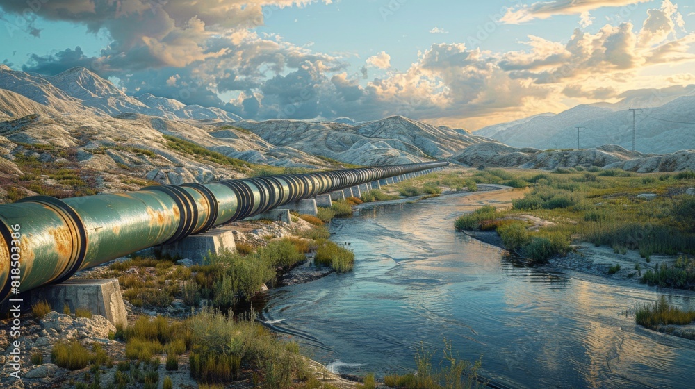 High-detail photo of a gas pipeline crossing a river with an impressive ...