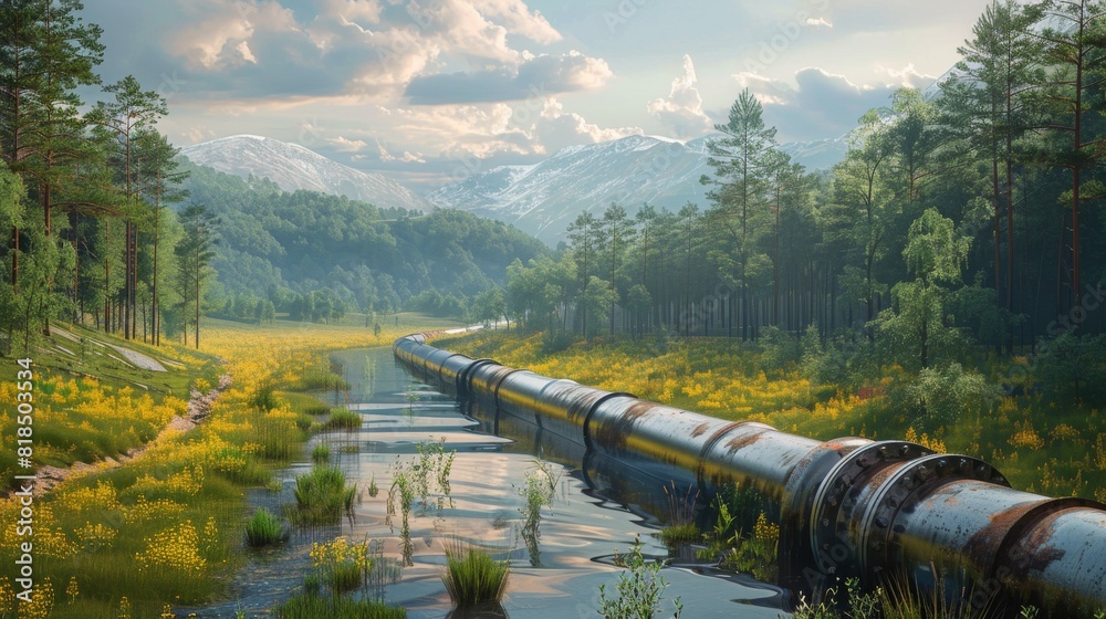 High-detail photo of a modern oil pipeline running through a scenic ...