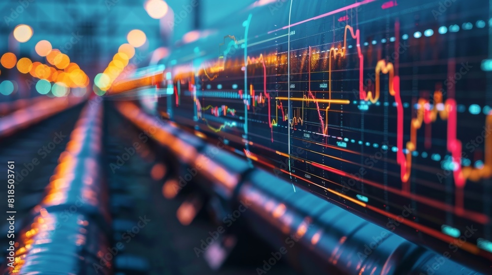High-detail photo of an oil pipeline with stock market graphs and ...