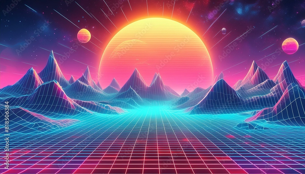 80s retro futuristic sci-fi. Retrowave VJ videogame landscape, neon ...