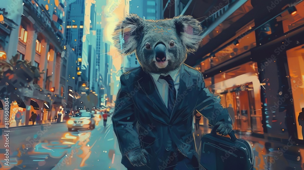 anthropomorphic koala bear in business suit walking on city street ...