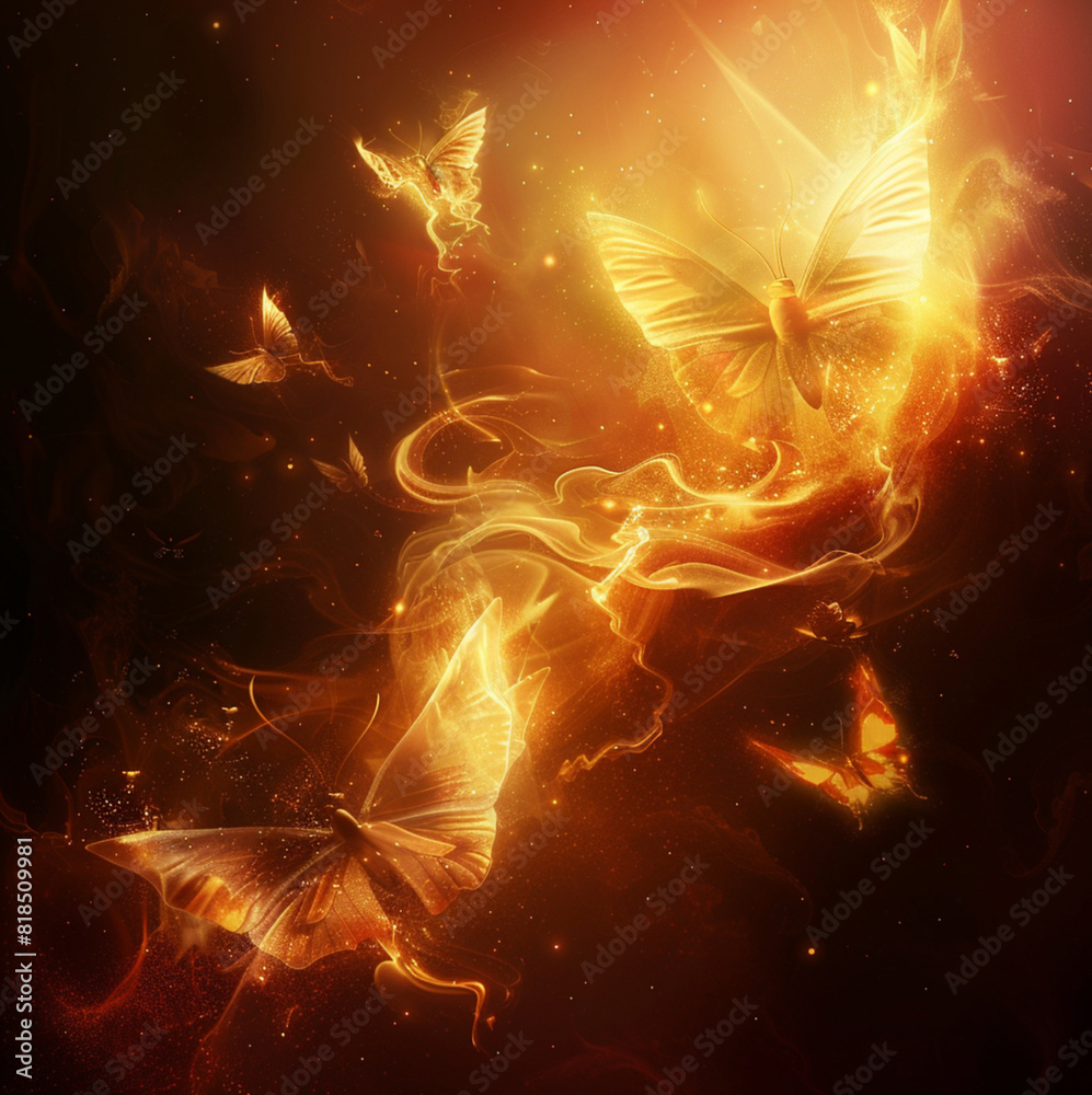 Golden glowing butterflies on fire flying in an upward motion towards ...