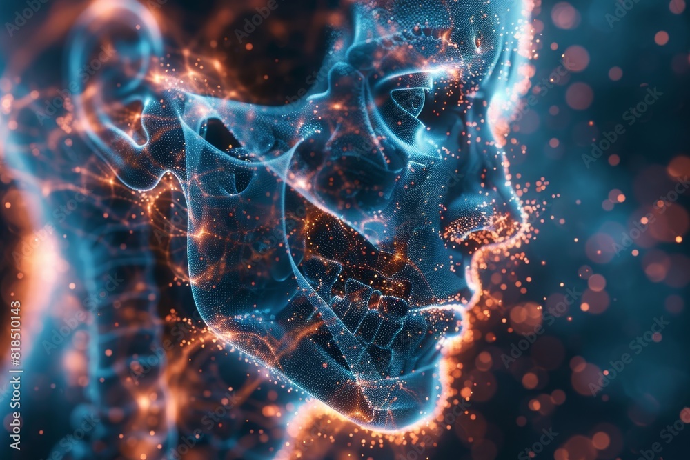 A spiral of a blue DNA double helix and a girl's face on a blue ...
