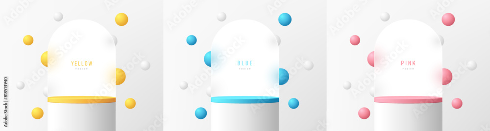 Set of 3D white product podium background with bounce balls in blue ...