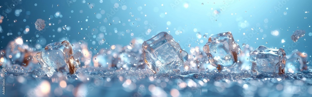 Summer ice cubes explode, shatter and fly, blue background. Burst part ...