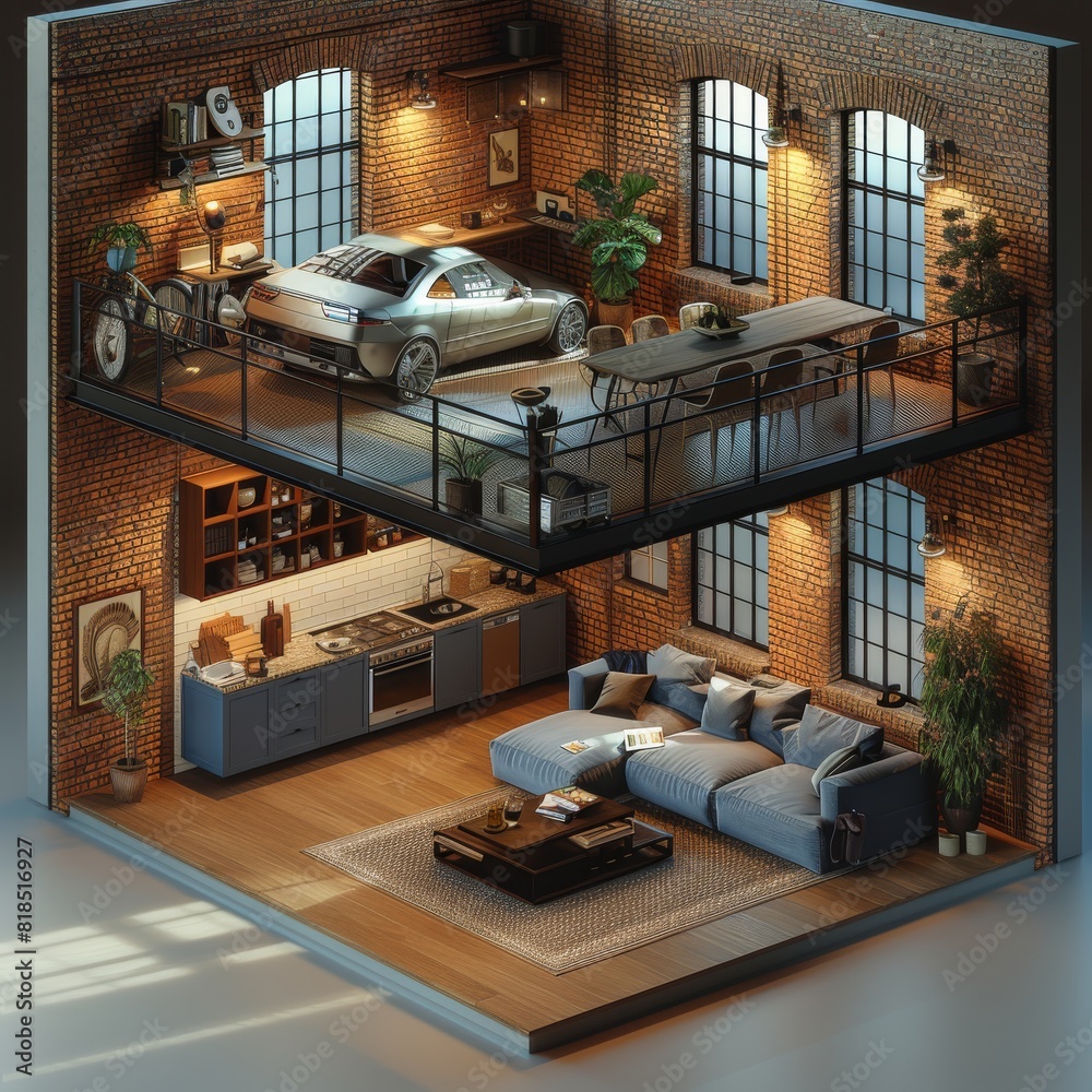 3d isometric view of an industrial loft apartment with brick walls ...