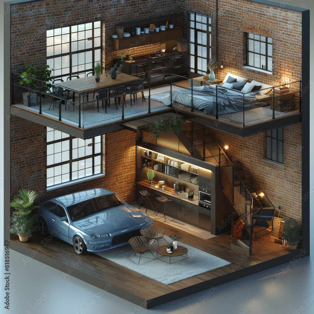 3d isometric view of an industrial loft apartment with brick walls ...