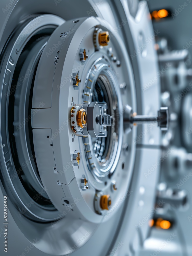 Closeup of an MRI machines interior, focusing on the detailed coils and ...