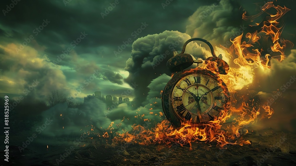 Surreal image of a burning clock in a fantasy landscape, showcasing the ...