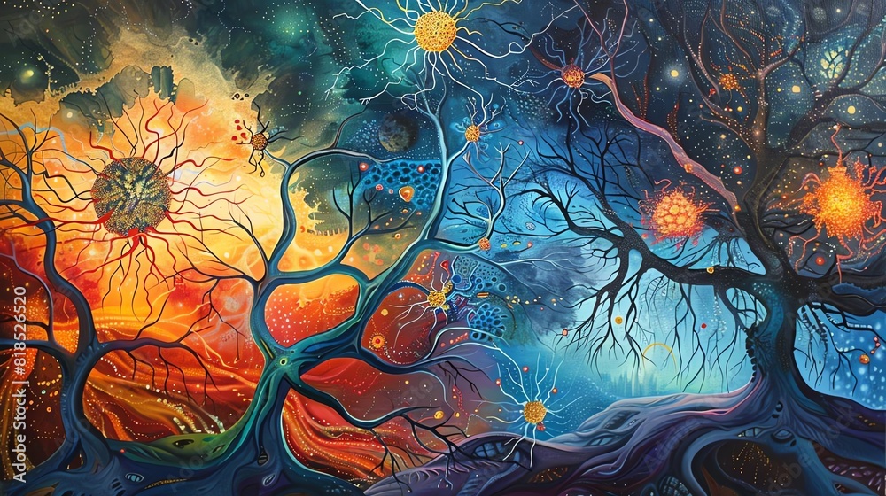 Surreal abstract art with vibrant colors depicting a cosmic night and ...