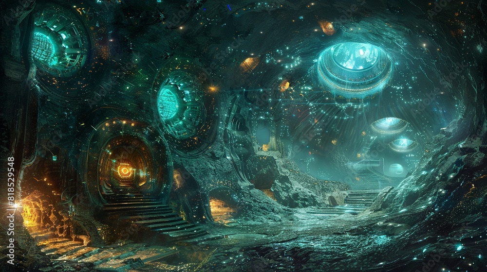 Subterranean alien colony, bioluminescent structures, wide cavern, soft ...