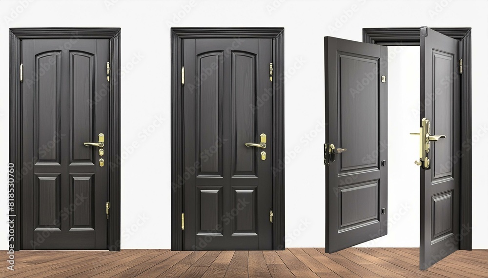 3d open and close house or office front door frame. Realistic black ...