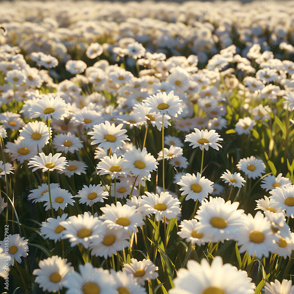 field of daisy flower meadow in spring. landscape of white wildflower ...