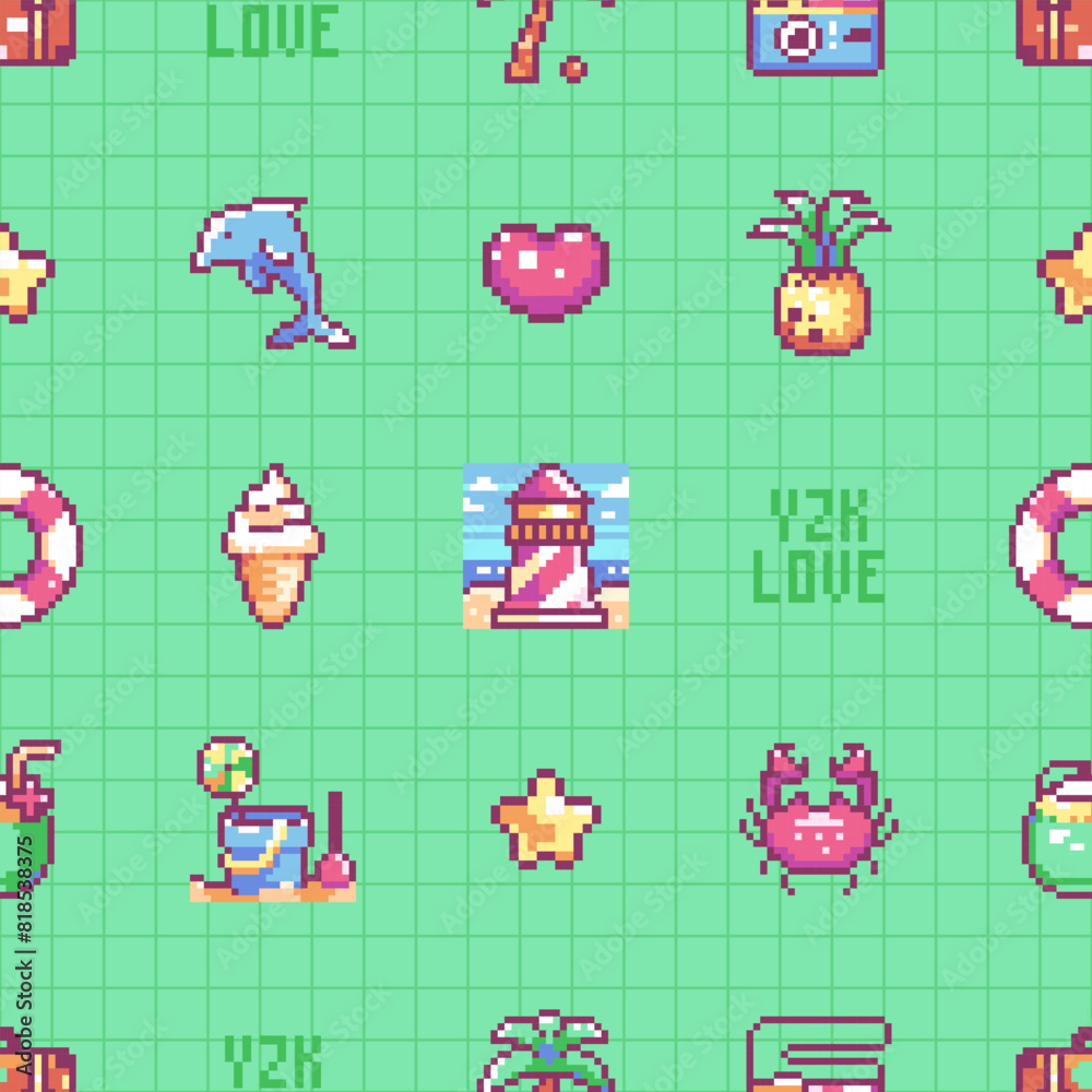 Pixel Art Beach Icons Seamless Pattern. 8 bit Elements - Pineapple ...