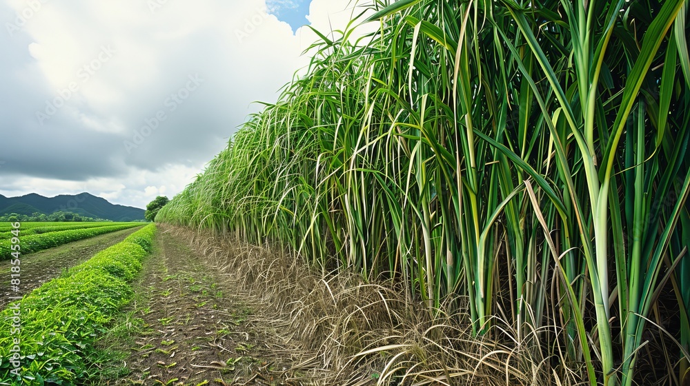 Giant sugar cane stalks with thick, robust stalks, stretching across ...