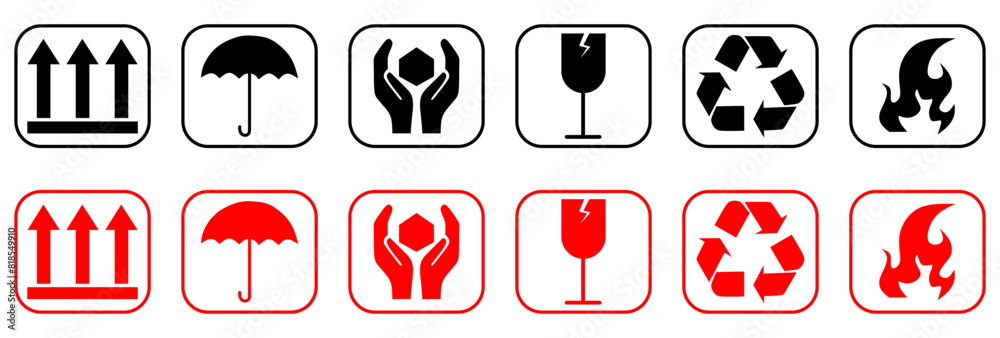 Common packaging & warning symbols with curved frame. Handle with care ...