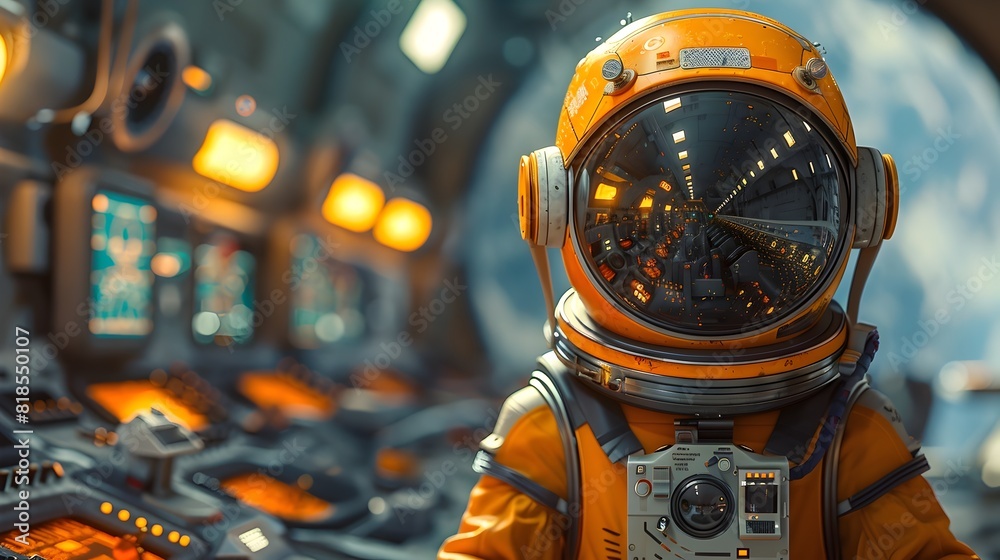 Astronaut Navigating Rocket Control Room with Advanced Displays and ...