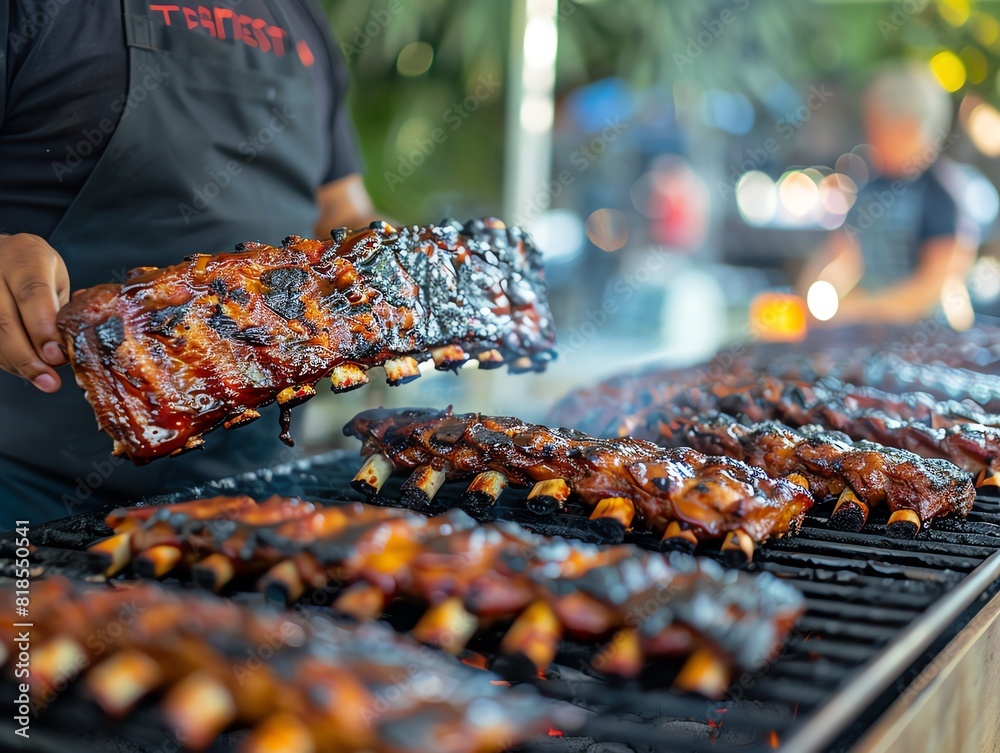 What does the scene look like as a man tends to his grill, with ribs ...