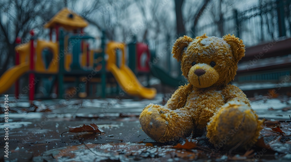 a lone teddy bear toy lying abandoned on the playground floor, its ...