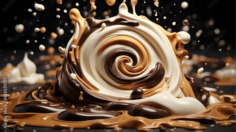 Falling food, caramel, milk sauce, chocolate liquid, and cream ...