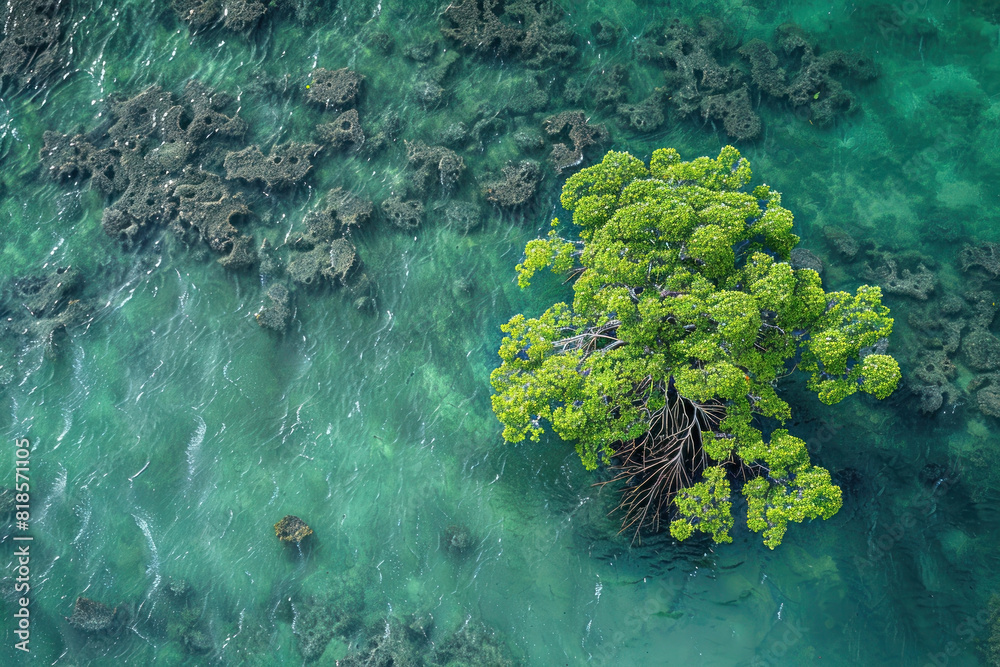 An aerial view of a mangrove forest, the roots submerged in water ...