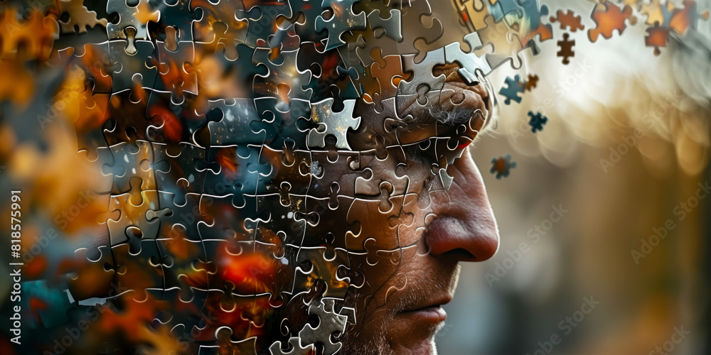 Puzzle head brain concept. Human head profile made from brown paper ...