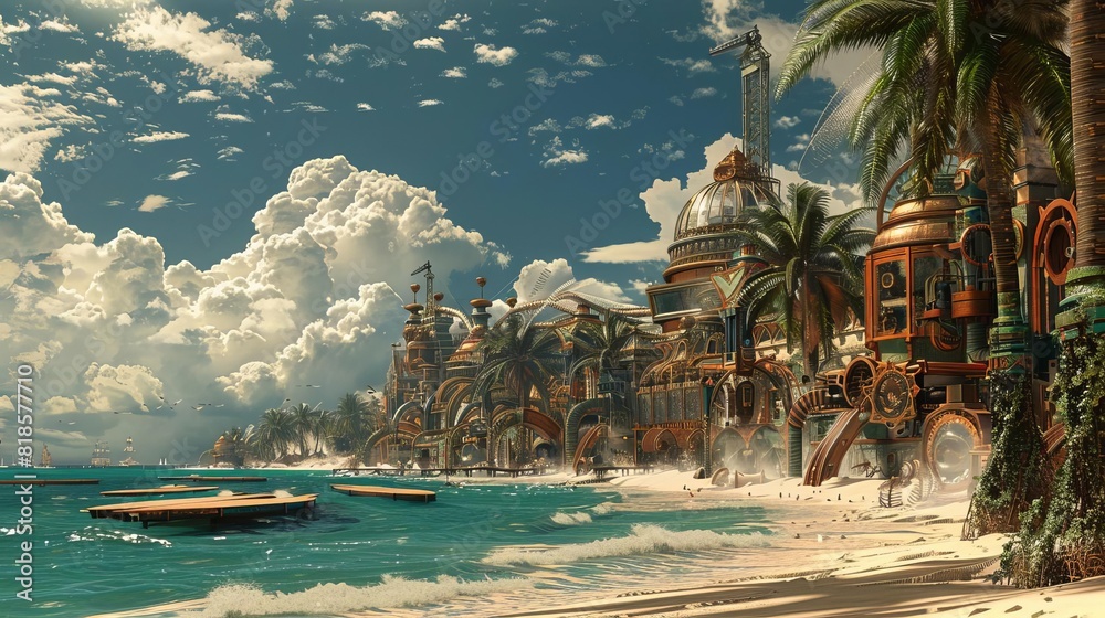 A steampunk beach with mechanical palm trees, brass gears, and ...