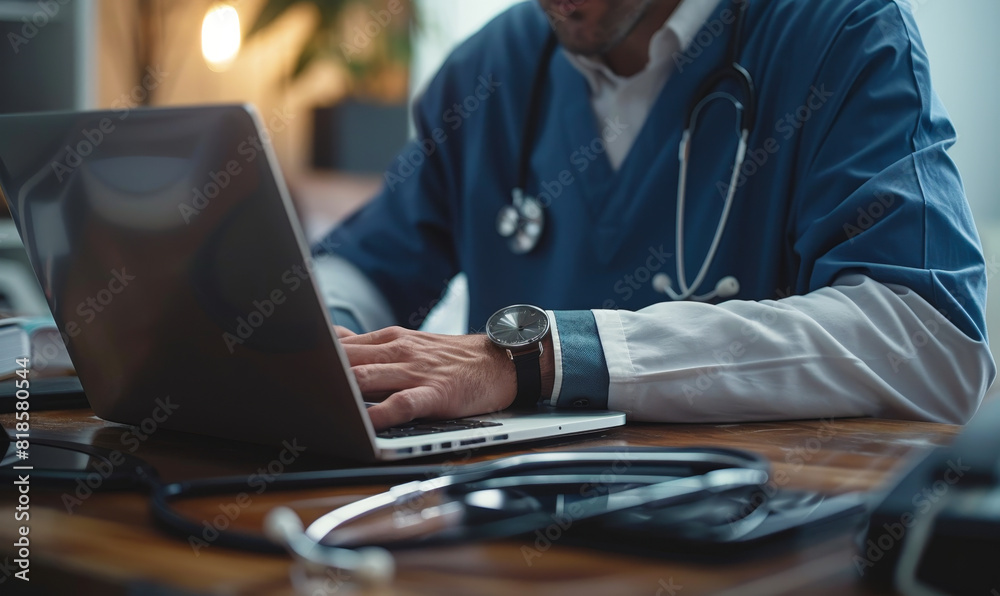 Male Doctor Working on Laptop, Online Meeting via Computer - Medical ...