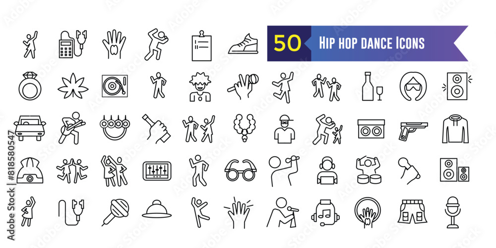 Hip hop dance icon set. Outline set of hip hop dance vector icons for ui design. Outline icon ...