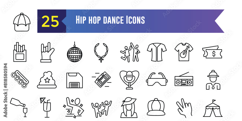 Hip hop dance icon set. Outline set of hip hop dance vector icons for ...