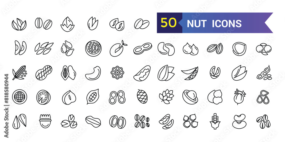 Nut icon set. Outline set of nut vector icons for ui design. Outline ...