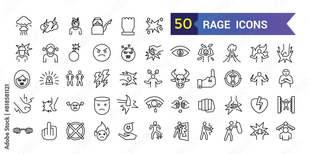 Rage icons set. Outline set of rage vector icons for ui design. Outline ...