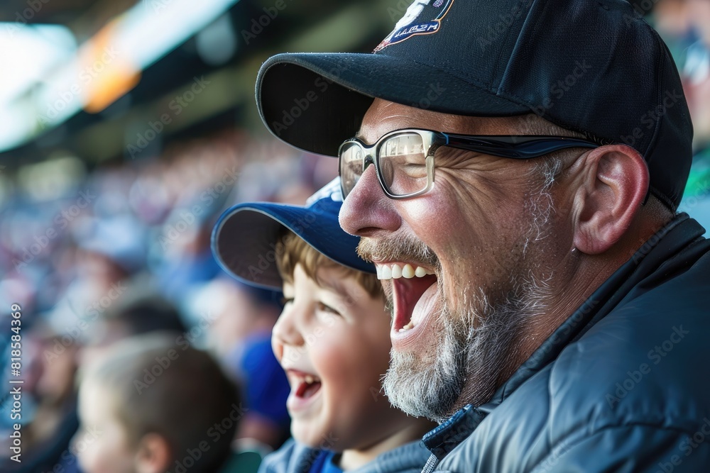 A candid photo of a dad and his son laughing and cheering in the stands ...