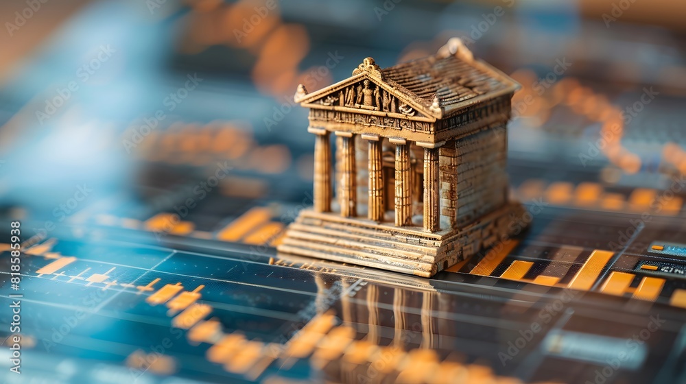 A small model of an ancient Greek temple sits atop financial charts ...